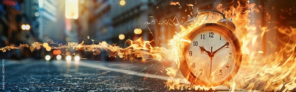 Clock on fire times burning end in fiery clock Running after time ...