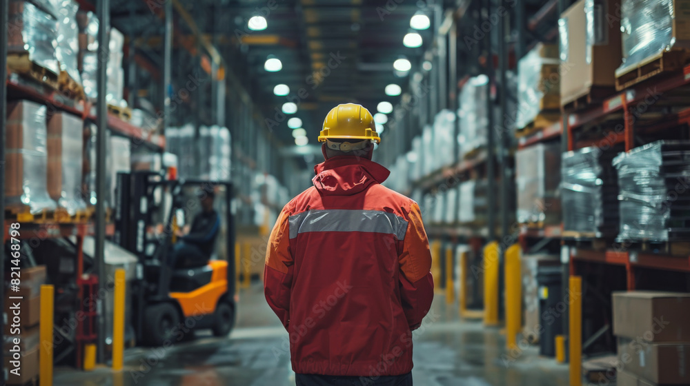 Warehouse worker in a hard hat overseeing operations in a well-lit ...