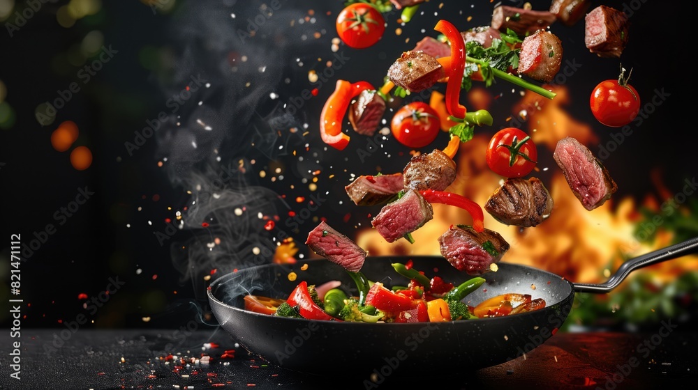 The background features visible flames, adding intensity to the cooking ...