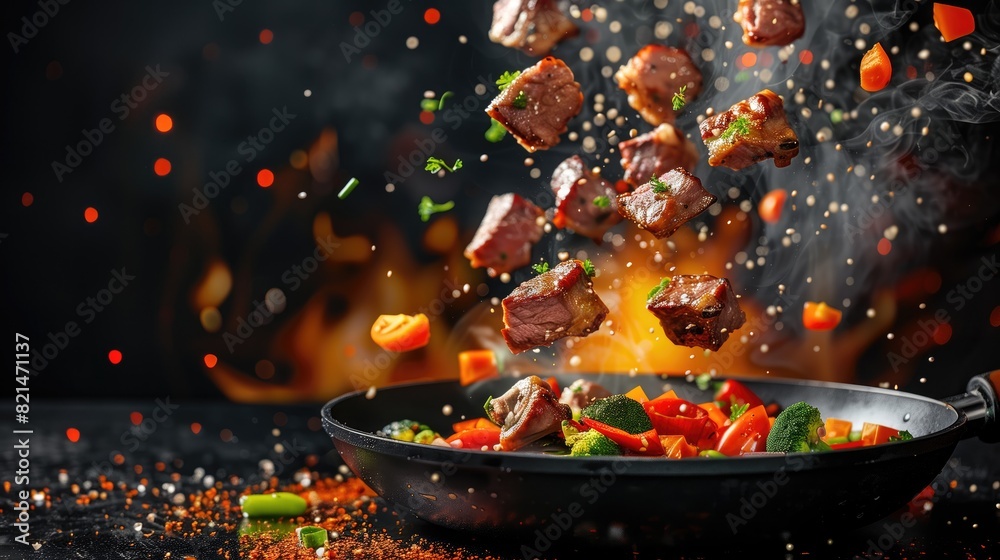 The image captures the dynamic process of food being cooked ...