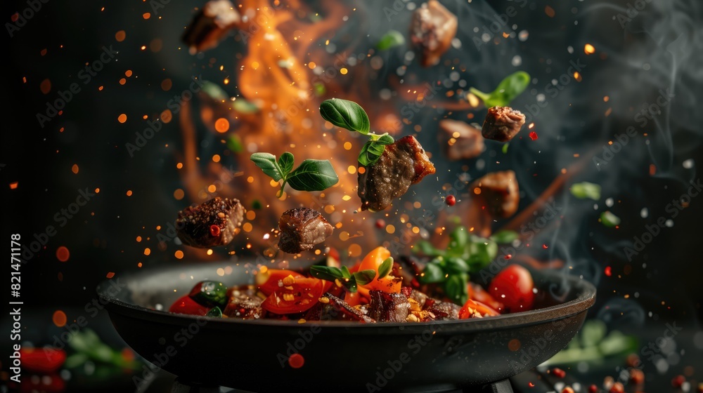 The image captures the dynamic process of food being cooked ...