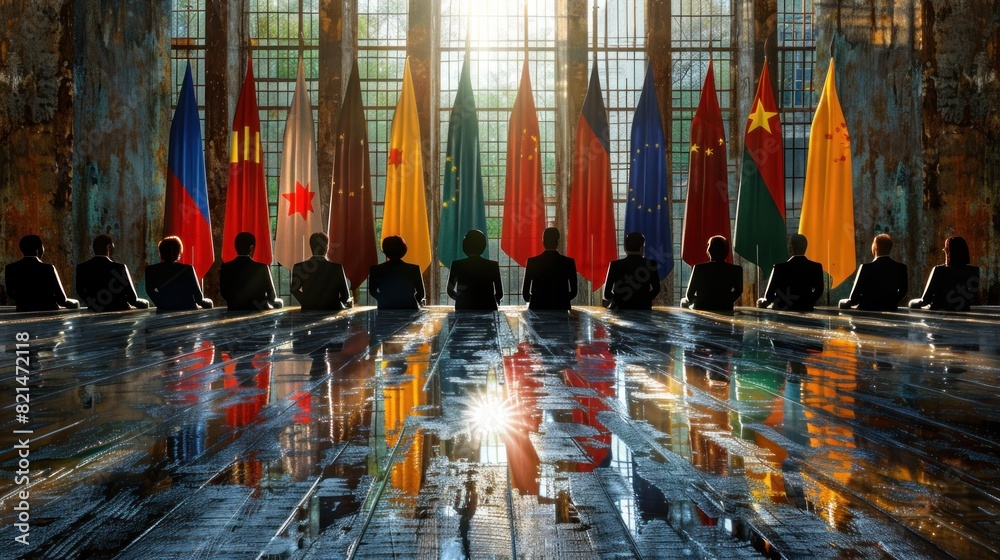 Reverse Silhouette of a trade negotiation with flags of different ...