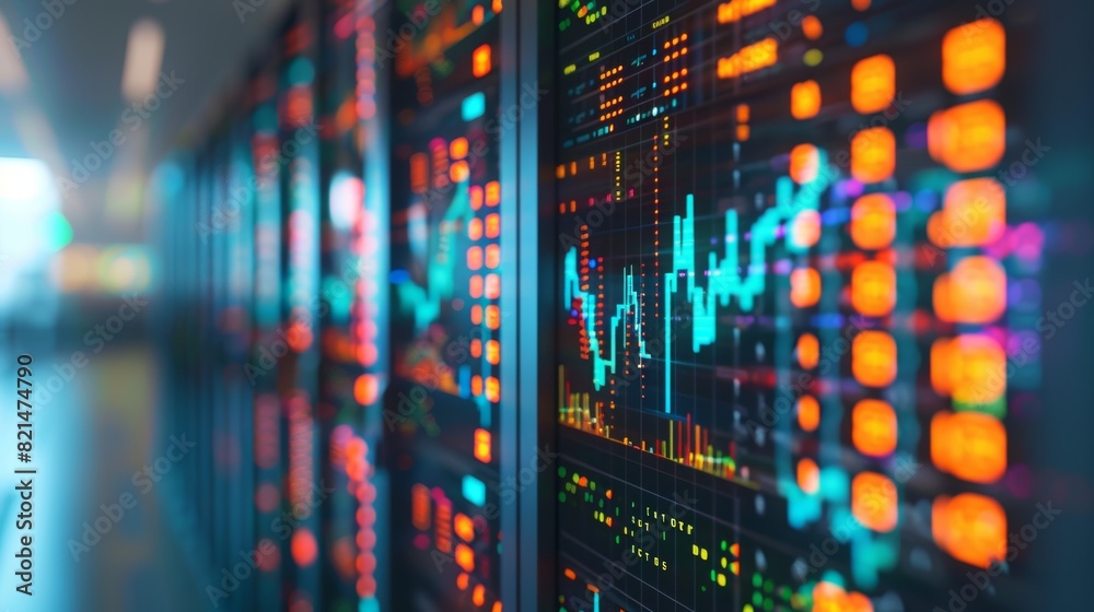 Sleek server room with data visualizations on the wall, blurred ...