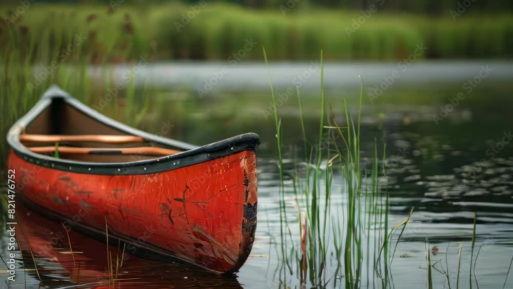 Red canoe floating near shore of calm lake surrounded by greenery Stock ...