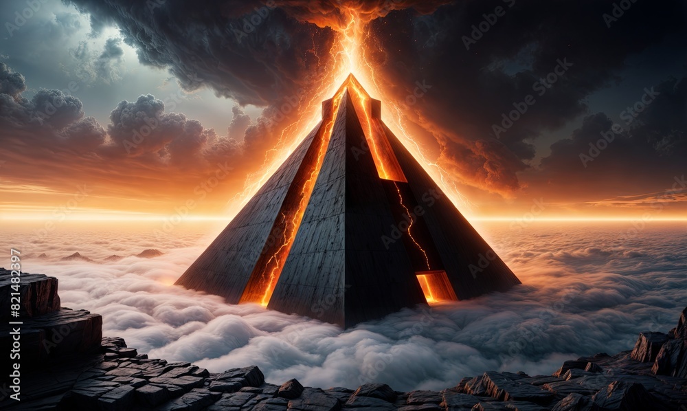 triangular structure with a lava-like texture stands on a rocky ...