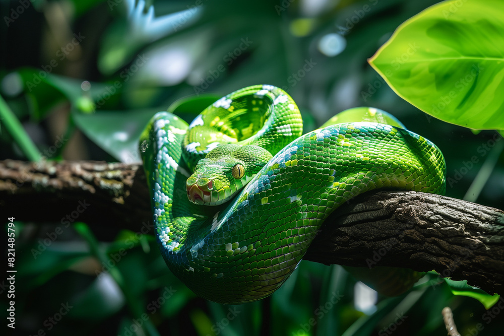 Green snake boa hanging from jungle branch, an imposing reptile ready ...