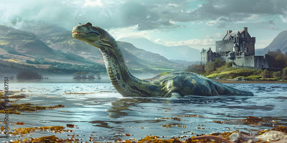 Loch Ness Monster Nessie in lake. AI generated. Stock Illustration ...