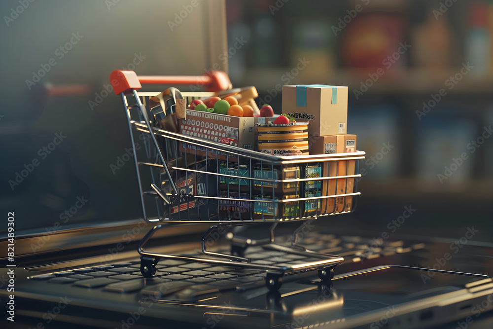 Virtual cart loaded with boxes on a laptop, highlighting the ...
