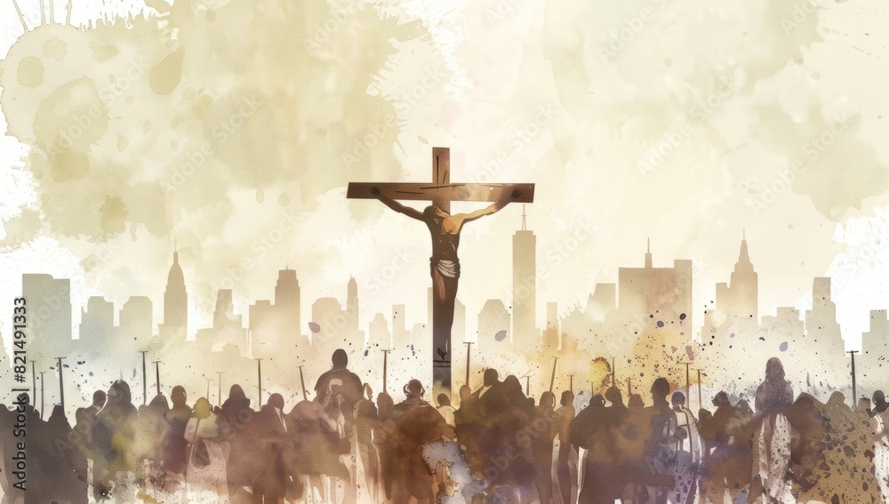 Jesus dies on the Cross. The Crucifixion and Death of Jesus. Digital watercolor painting. Stock ...