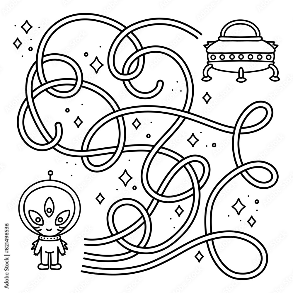 Find a way from cute alien to the spacecraft. Simple maze game. Black ...