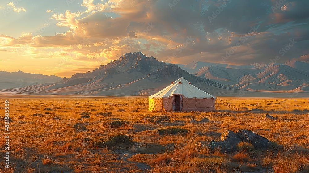 Steppe with nomadic camp flat design top view cultural heritage theme ...