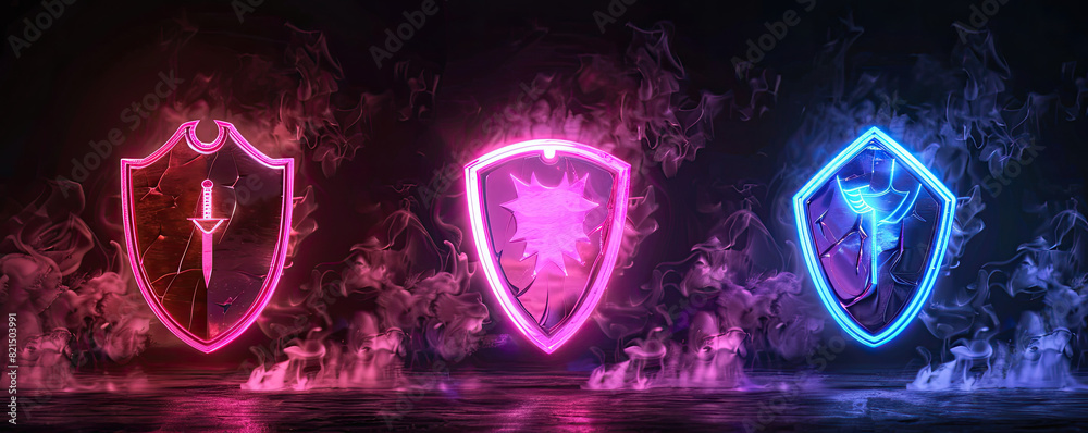 Neon shields with elemental symbols in mystic smoke Stock Illustration ...