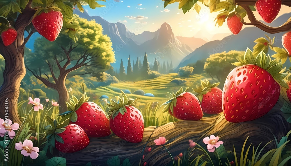 View of a garden and strawberry trees on a wide and green land, a ...