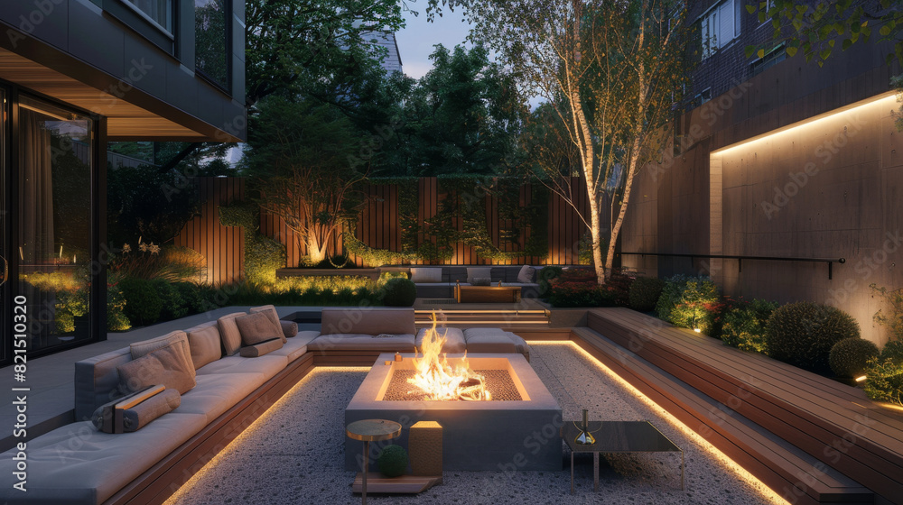 Neon Art of Outdoor living space with a fire pit and comfortable ...