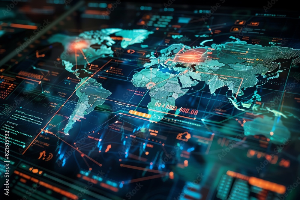 Futuristic Digital World Map With Data Visualization And Technology Interface Showcasing Global
