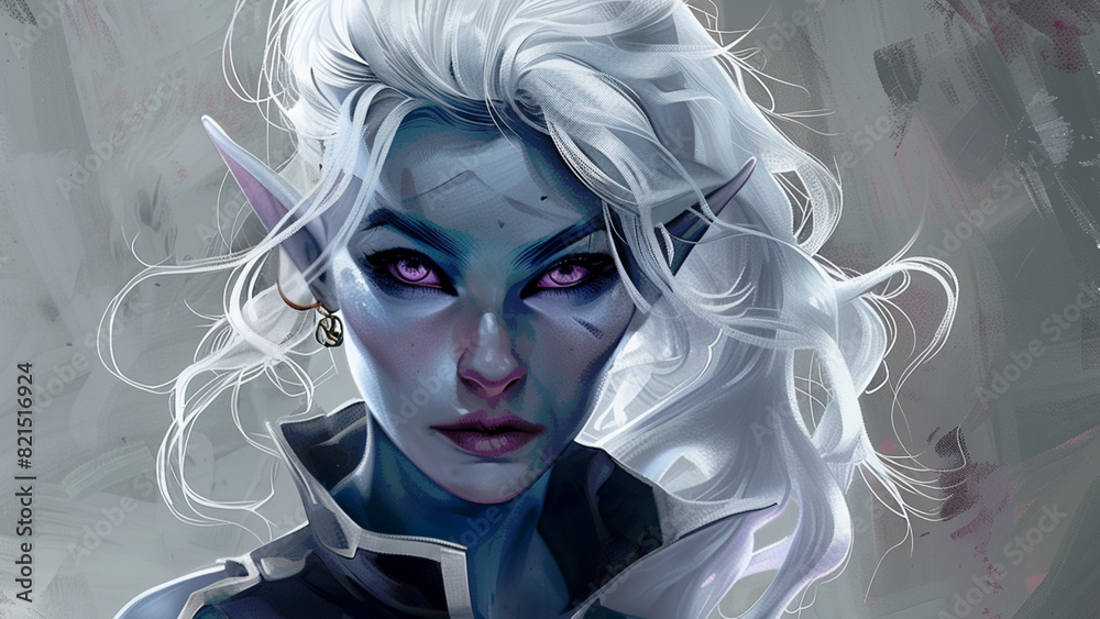 female drow adventurer with flowing long white hair, violet glowing ...