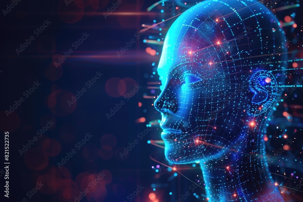 3d rendering of blue glowing human head profile with digital brain and ...