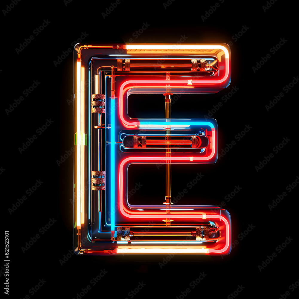 The letter E is lit up in neon colors. It looks like a glowing ...