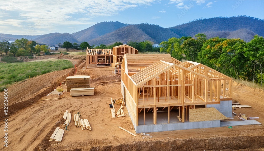 Construction of a residential new house is in progress at building site ...