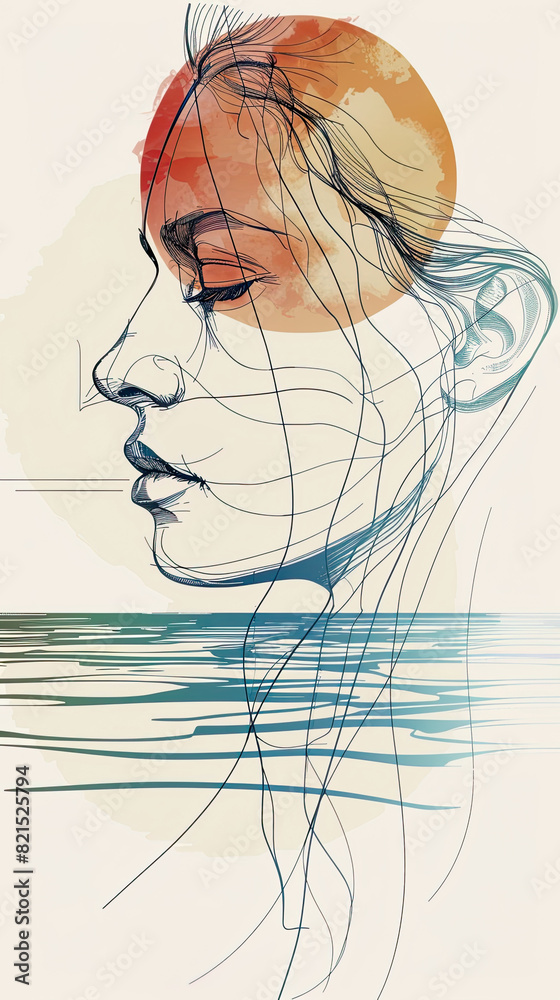Abstract line art Portrait of Woman with Sunset Background Stock ...