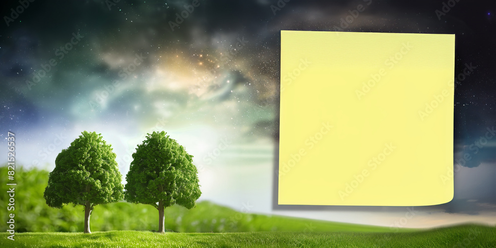 Blank notice board on the grass with yellow paper sticky note with ...