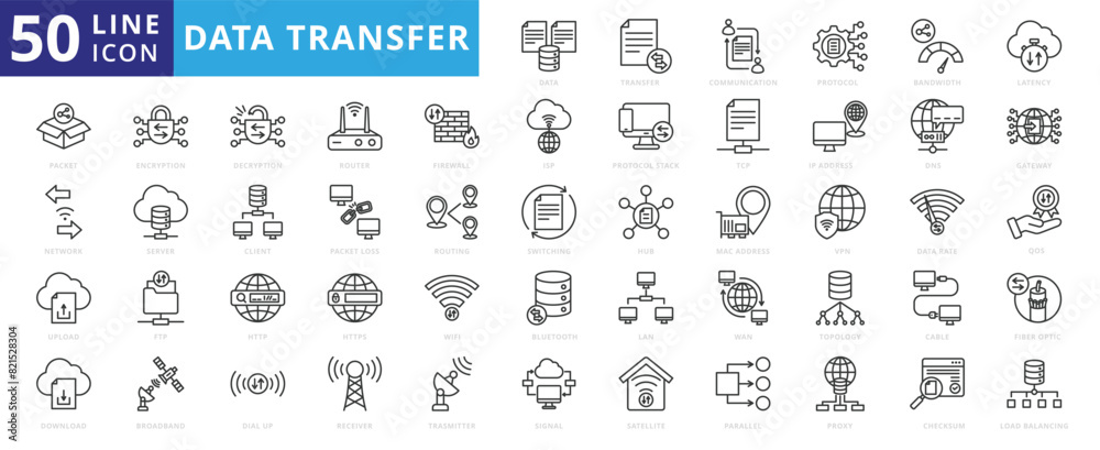 Data transfer icon set with database, file, sharing, management ...