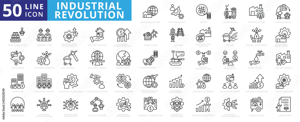 Industrial Revolution icon set with mechanization, textile, steam ...