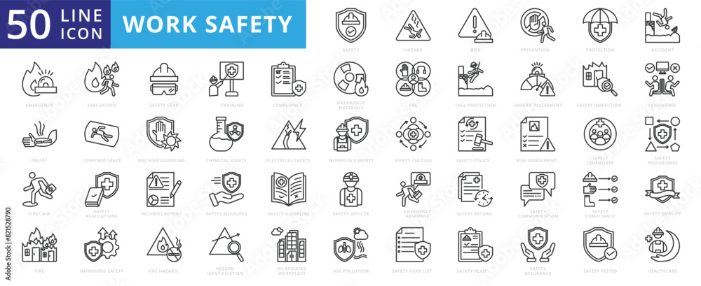 Work Safety icon set with hazard, risk, prevention, protection ...