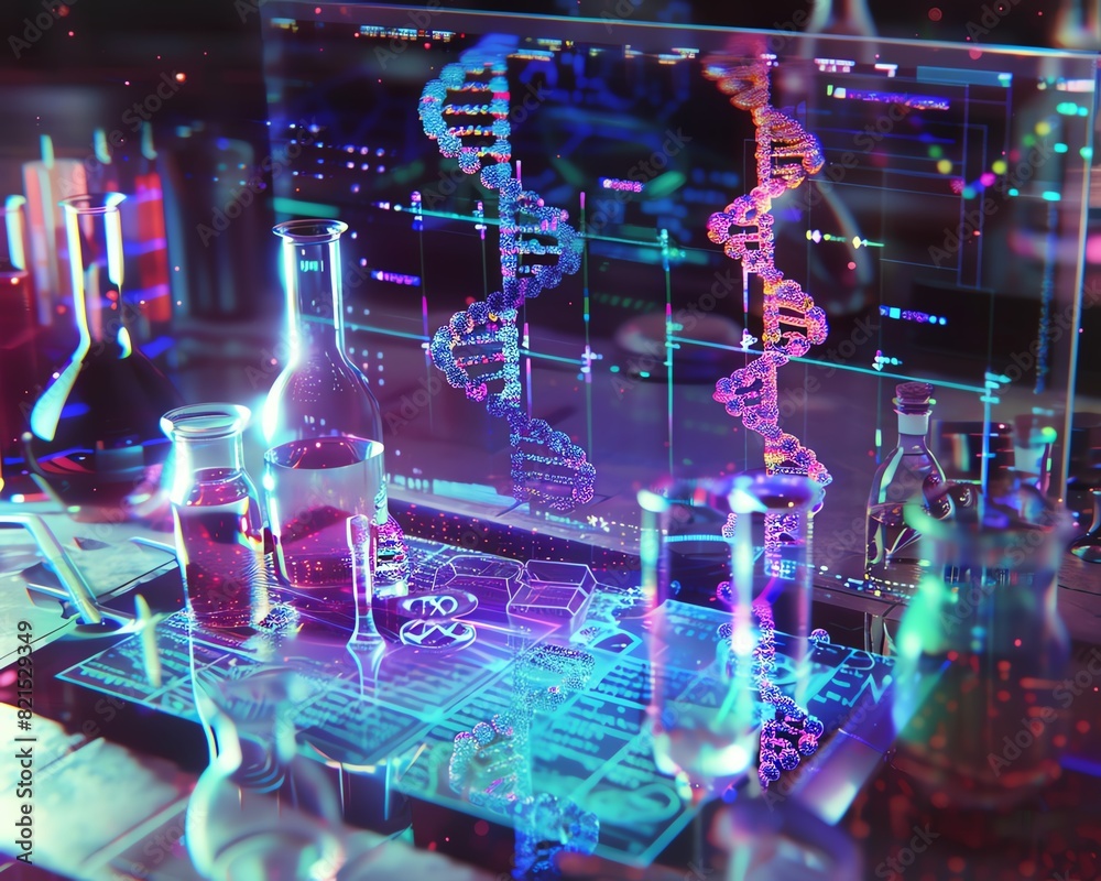Futuristic laboratory setup with holographic DNA models, test tubes ...