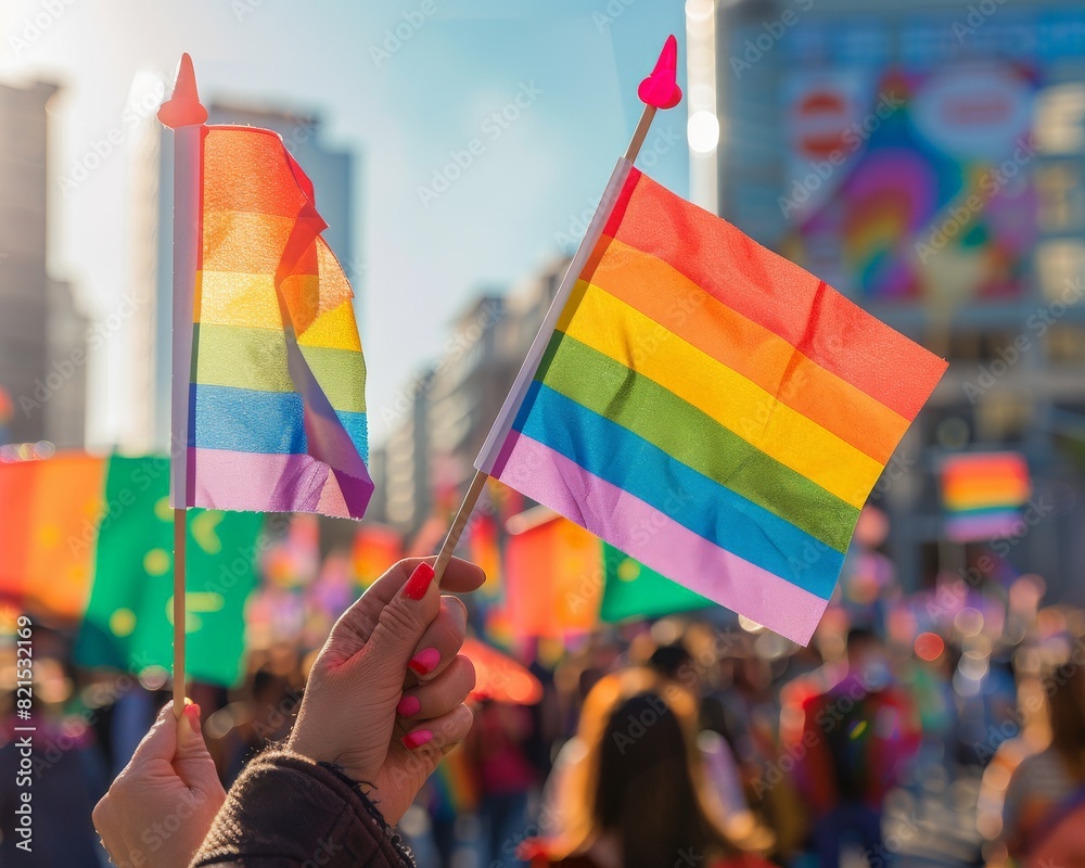Hands holding rainbow flags during a vibrant outdoor LGBTQ+ pride ...