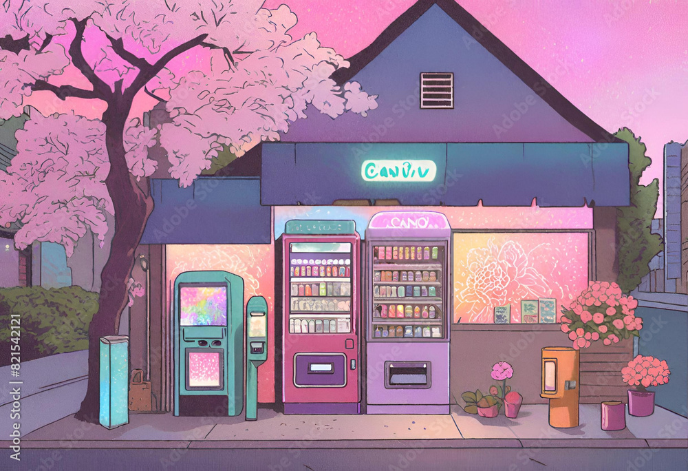 A vibrant city street corner at dusk, where traditional vending ...
