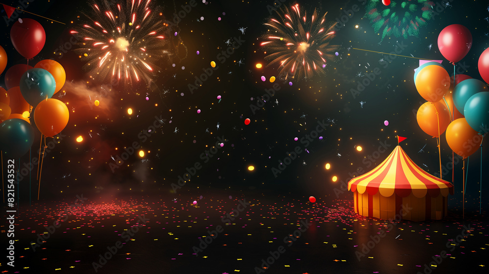 3D render of a summer festival scene with colorful fireworks, festival ...