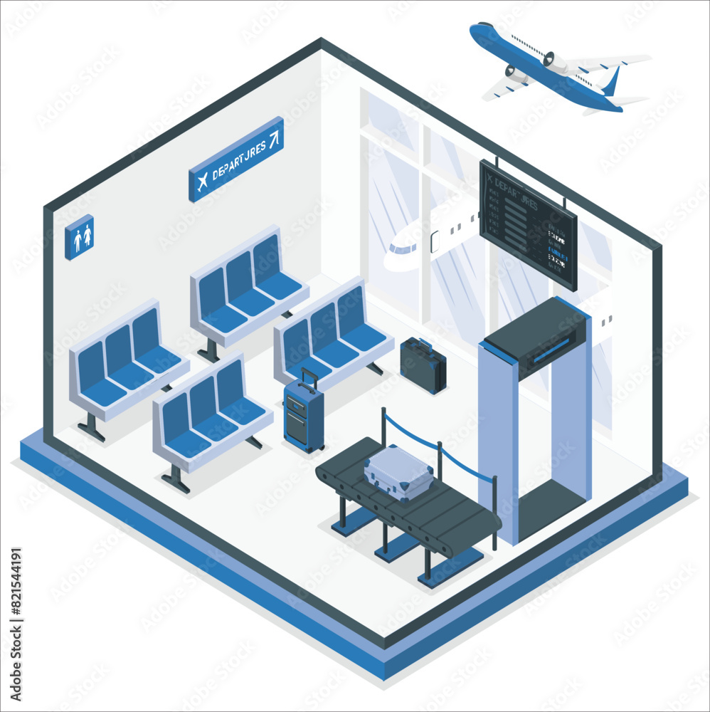 Isometric flat 3D concept vector interior of airport check-in, waiting ...