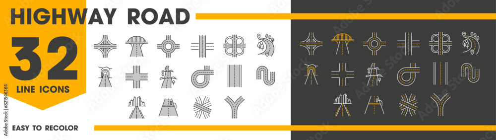 Highway road line icons, street traffic with crossroad and tunnel route ...