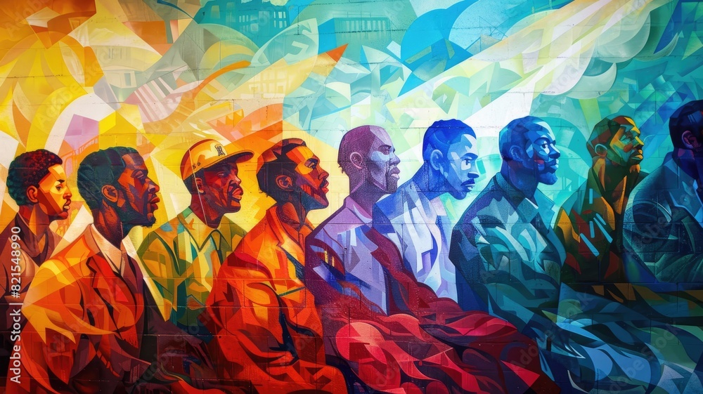 Colorful mural depicting diverse group of African American men in ...