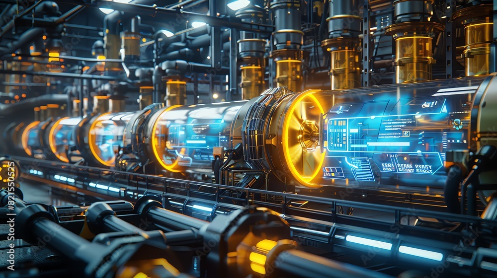 Futuristic factory with glowing blue and yellow holographic glass ...