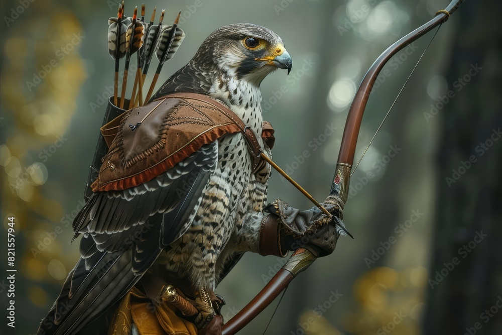 A falcon dressed as an archer with a bow and quiver of arrows, standing ...