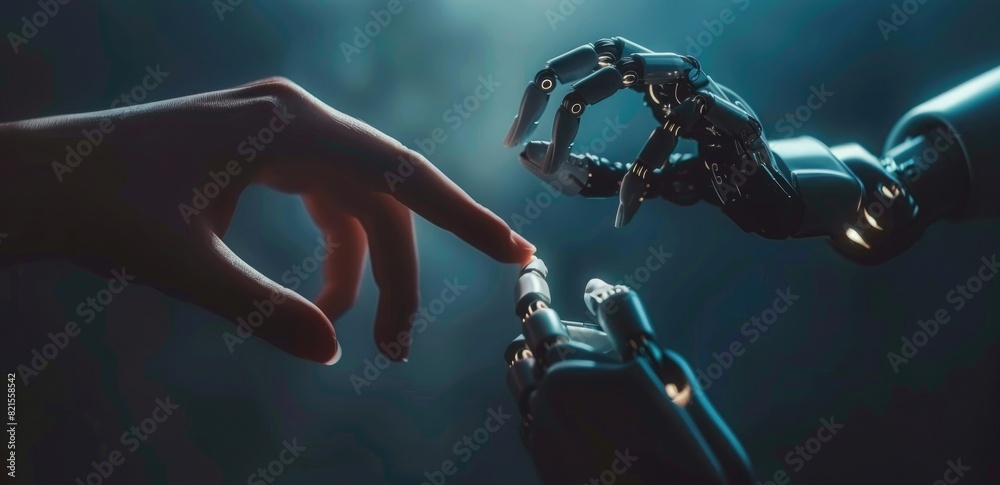 Human hand reaching out to touch the finger of an AI robot, dark ...