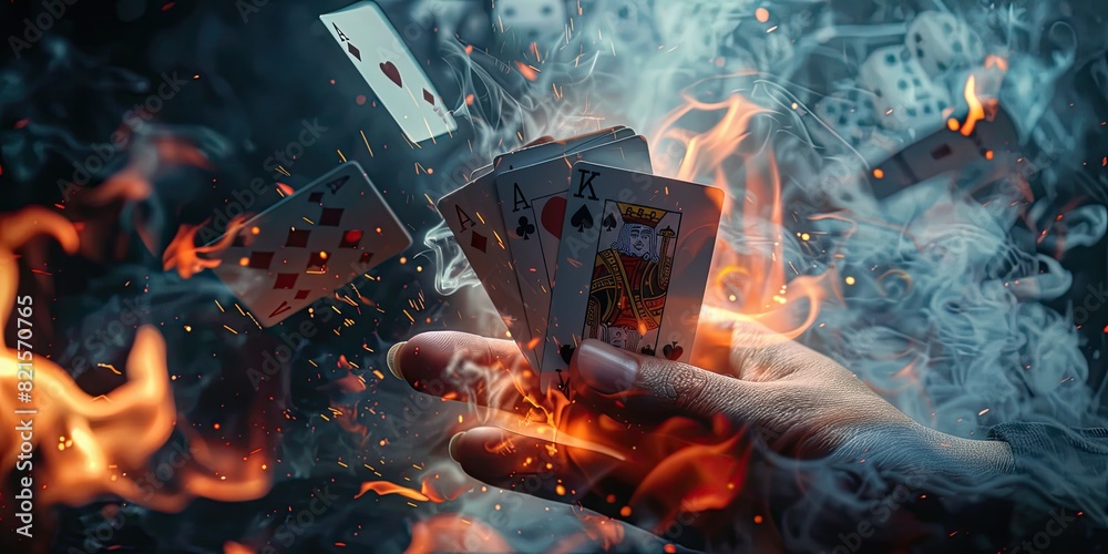 Photorealistic image of a hand holding playing cards, with cards flying ...