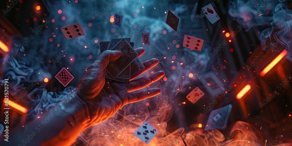 Photorealistic image of a hand holding playing cards, with cards flying ...