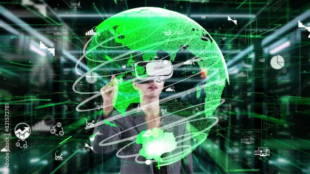 Woman selecting data dynamic market rotating green world distributing ...