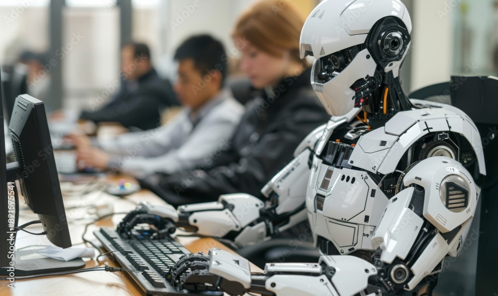 humanoid robot typing on keyword computer. AI assistant robot working ...