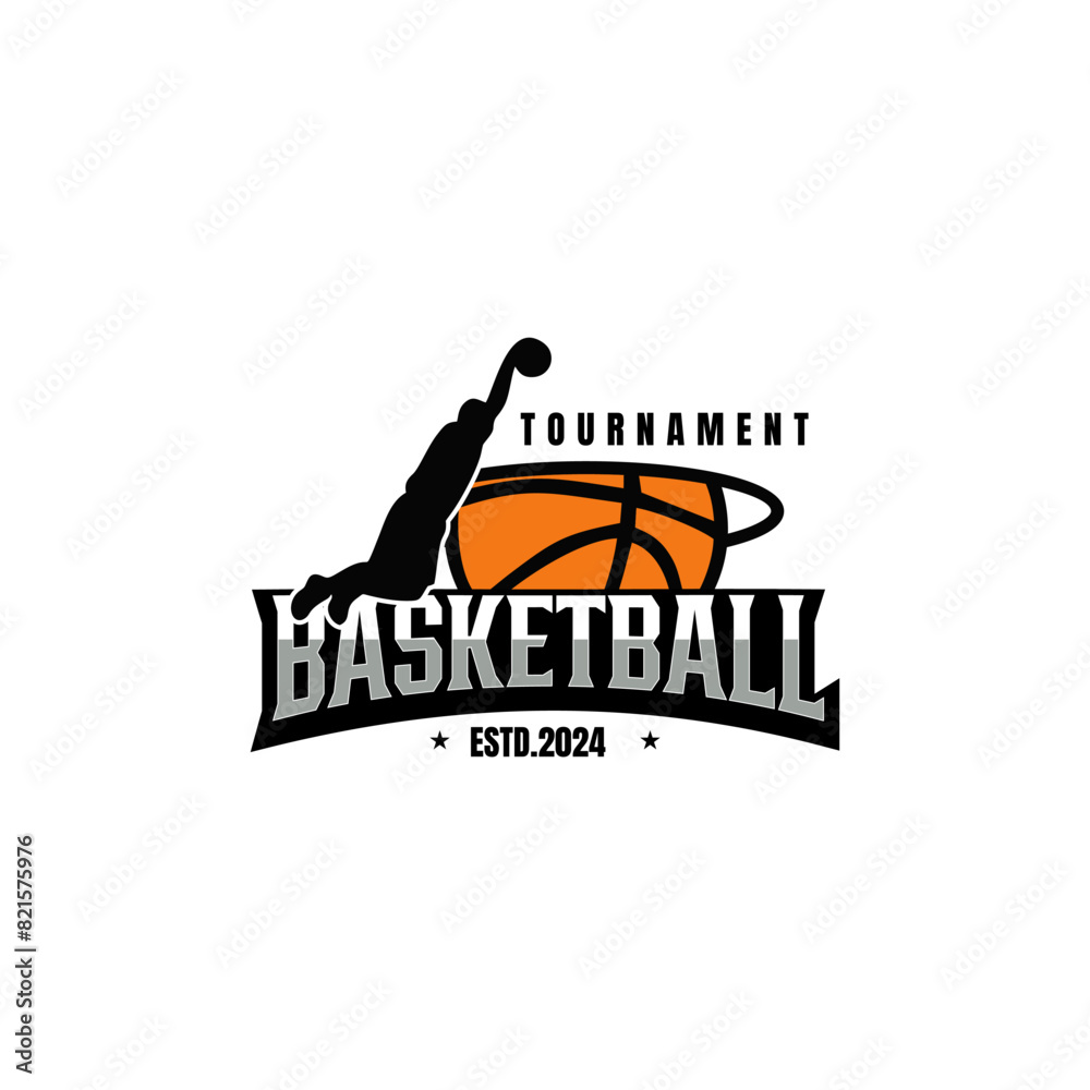 Vector badge, athlete putting the ball into the ring for basketball ...