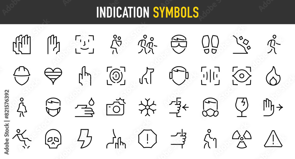 Indication symbols icons. Alert, Danger, Elderly People, Face Scan ...