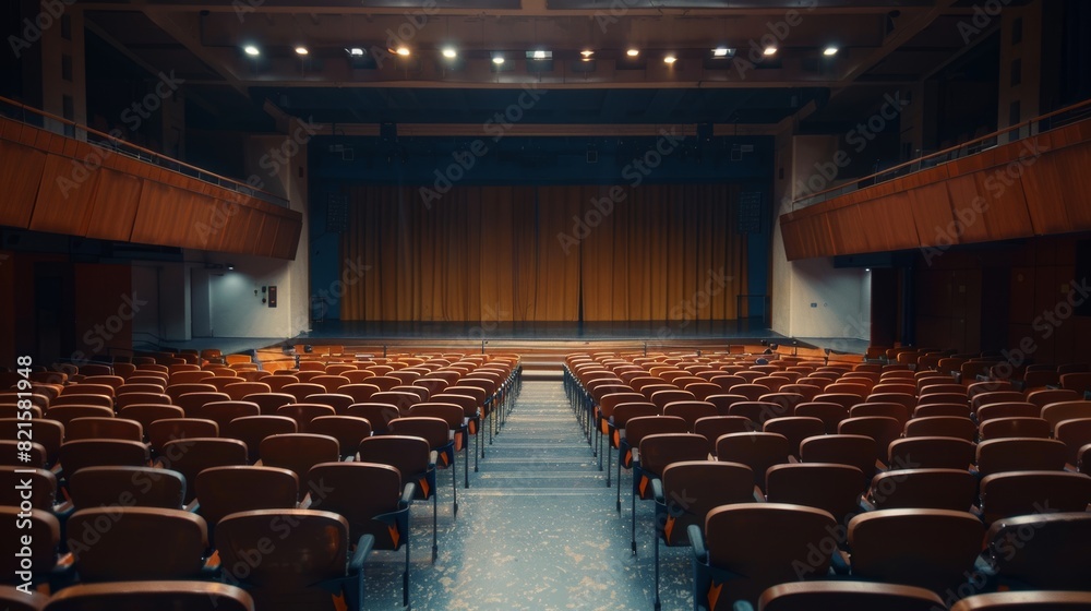 Empty school auditorium with rows of seats and a stage, close-up shot ...