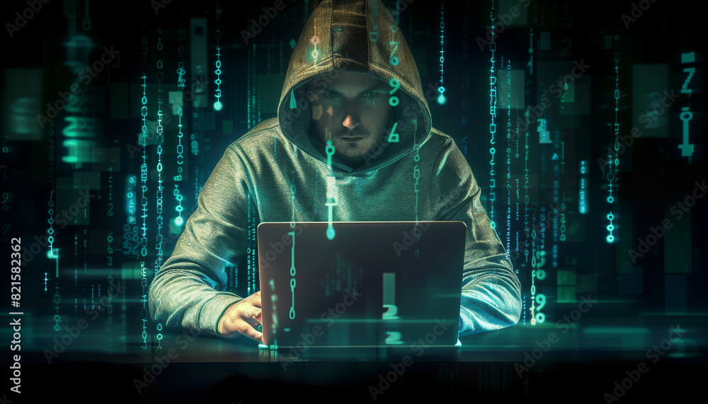 Cyber-attack. Anonymous hacker working with laptop on black background. Different digital codes ...