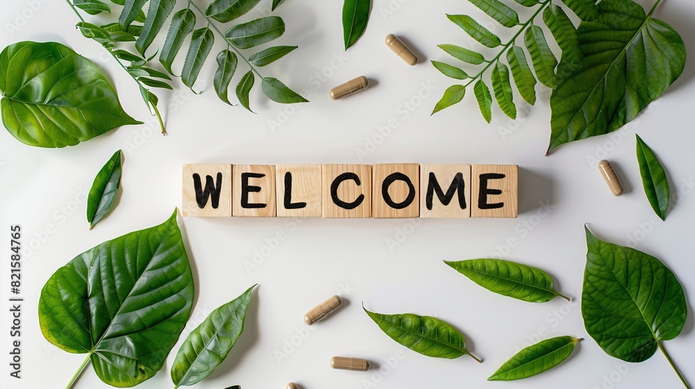 white background with green leaves and text "WELCOME" written with ...