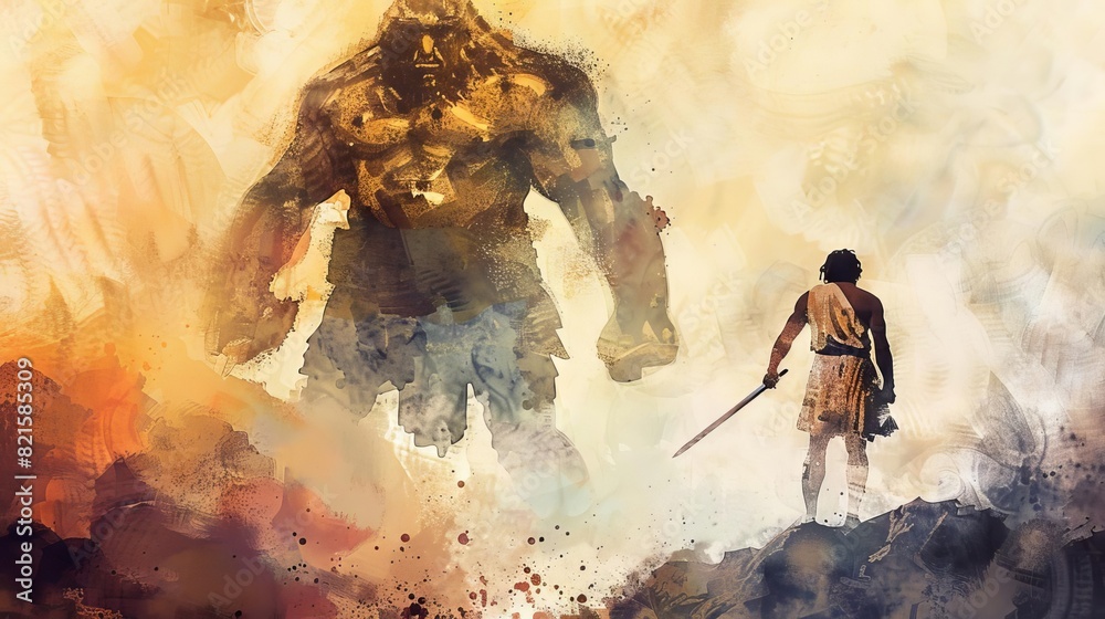 david facing goliath digital watercolor painting of biblical warrior ...