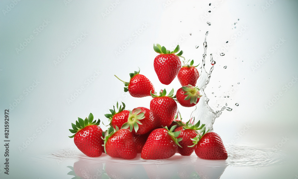 Apetitosas frutillas rojas sobre fondo blanco. Agua salpicando las ...