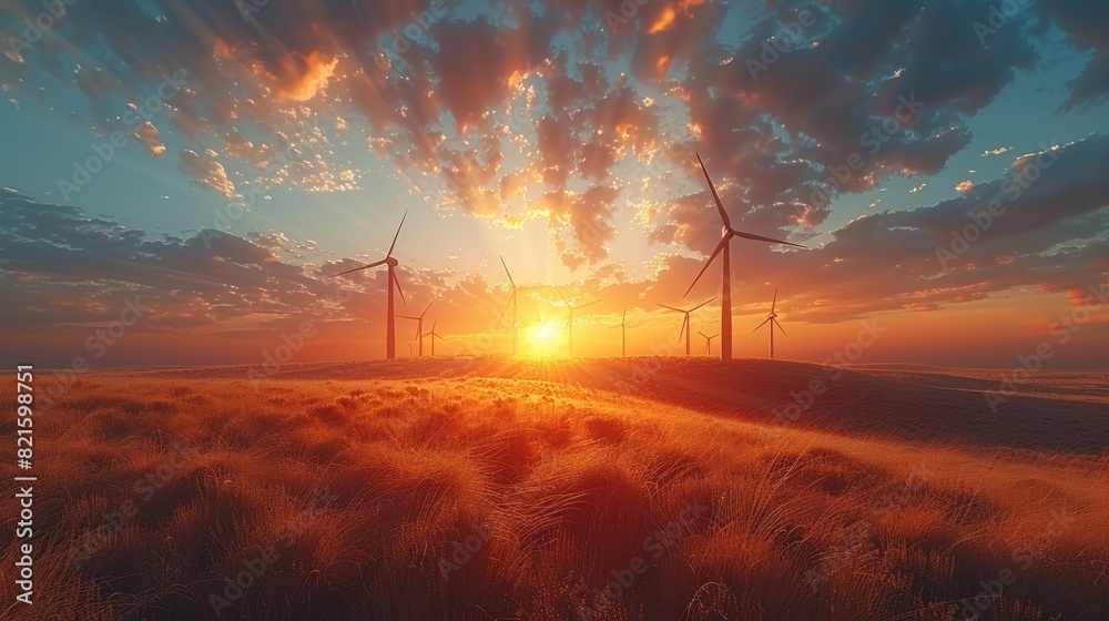 Reverse silhouette of wind turbines on a hill, promoting renewable ...